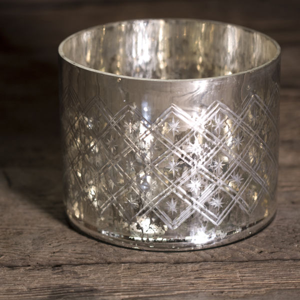 Nkuku Medium Etched Glass T-Light Holder - Rustic Silver | IWOOT