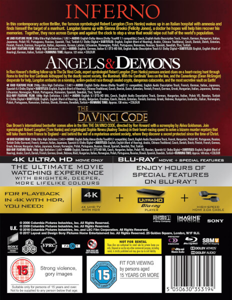 Inferno, Angels & Demons & The Da Vinci Code 4K Ultra HD Boxset (7 Discs Set) Blu-ray | Zavvi
